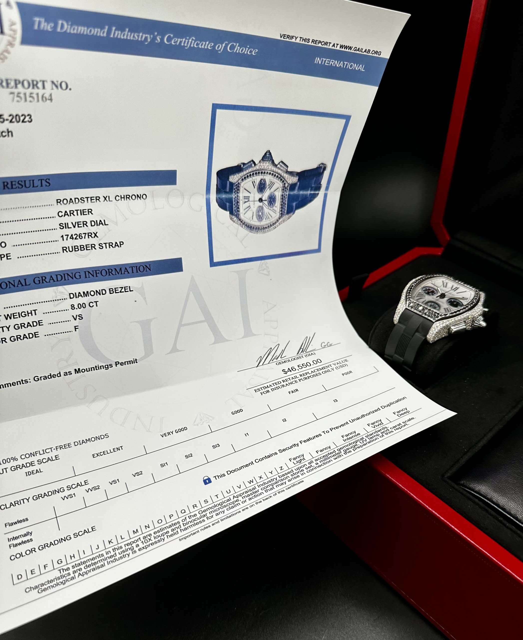 Cartier Roadster XL Chronograph Panda Dial 8 Carats GAI Certified ...