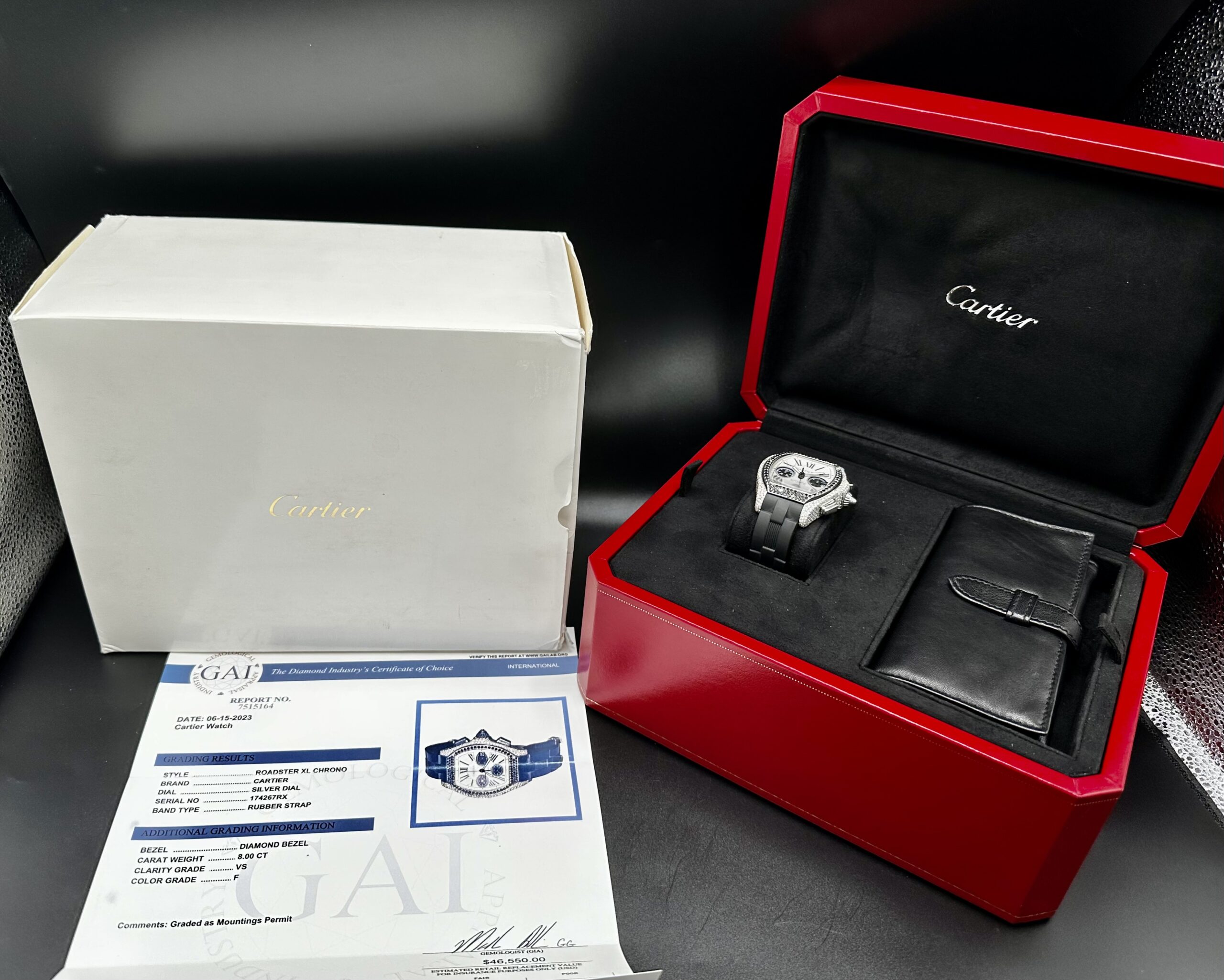Cartier Roadster XL Chronograph Panda Dial 8 Carats GAI Certified ...