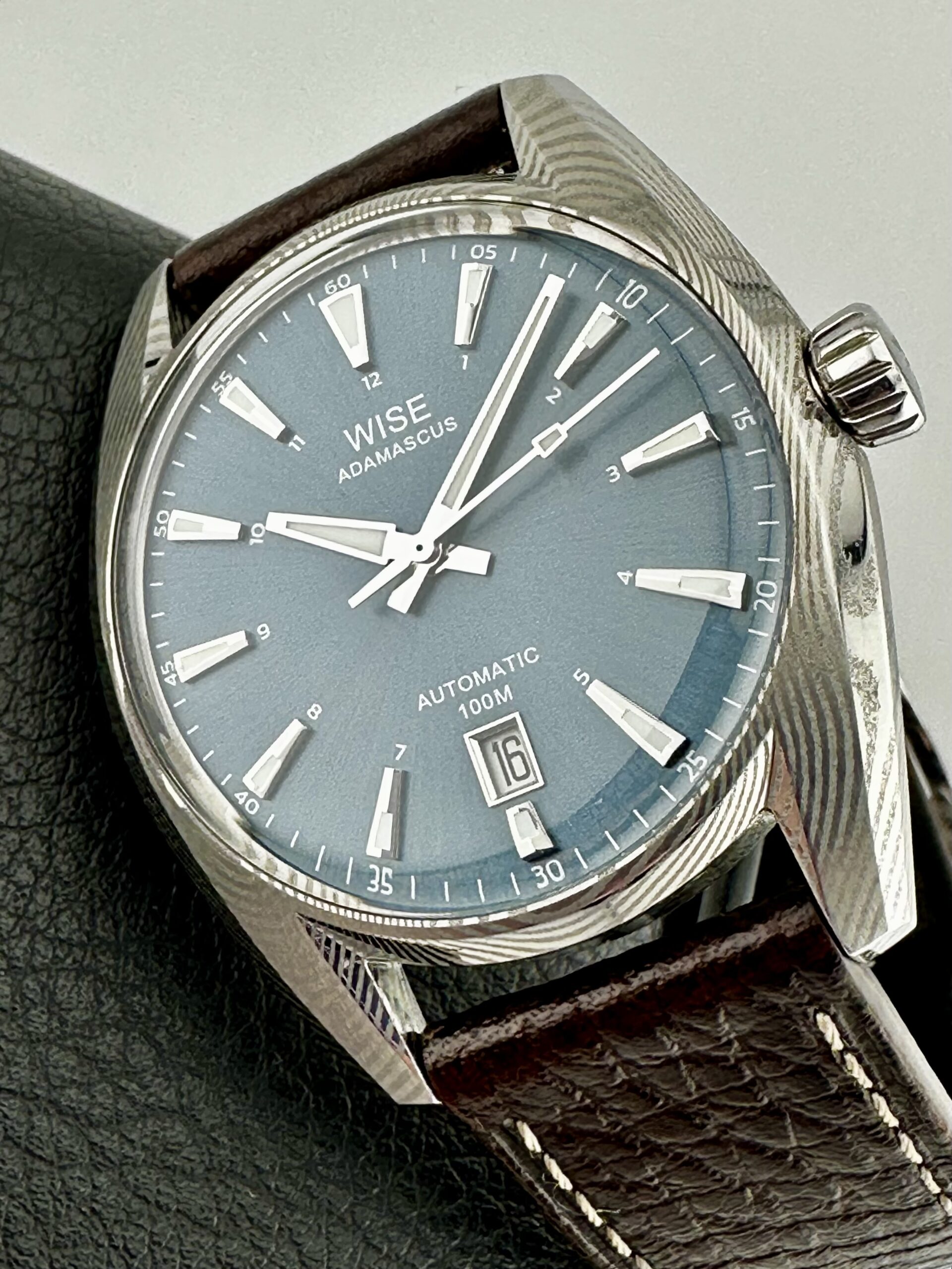 WISE ADAMASCUS AD760 Damascus Stainless steel Aqua Blue Sunburst Dial ...